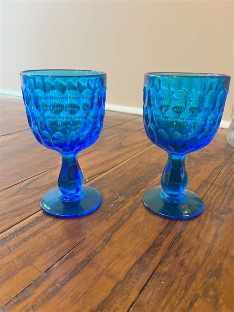 Pair Of Colonial Blue Fenton Glass Thumbprint Iced Beverage Glasses