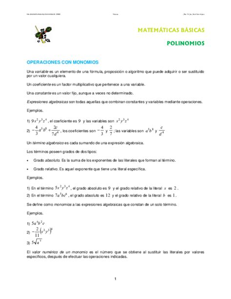 Pdf MatemÁticas BÁsicas Polinomios Operaciones Con Monomios