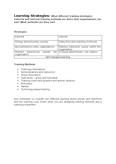 Example Training Plan Learning Strategies What Different Training