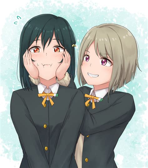 Safebooru 2girls Black Hair Bow Brown Hair Cheek Squash Fang Grin