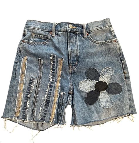 Upcycled Denim Flower Patchwork Shorts Womens Size 2 Etsy