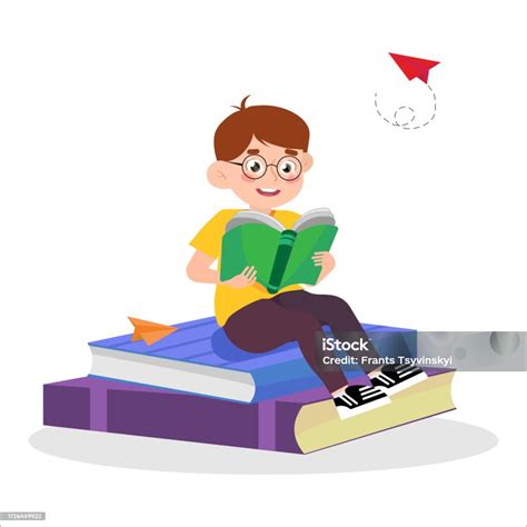 읽기를 좋아하는 소년의 벡터 그림입니다 안경을 쓴 웃는 소년이 손에 펼쳐진 책을 들고 종이비행기로 책 더미에 앉아 있는 만화 장면 가리기에 대한 스톡 벡터 아트 및 기타