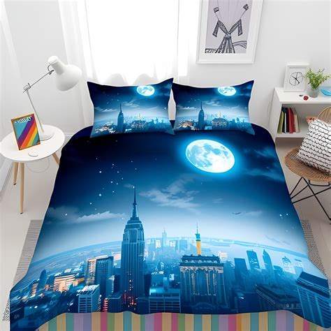 3 Piece Duvet Cover Set Nighttime Cityscape Design With Full Moon