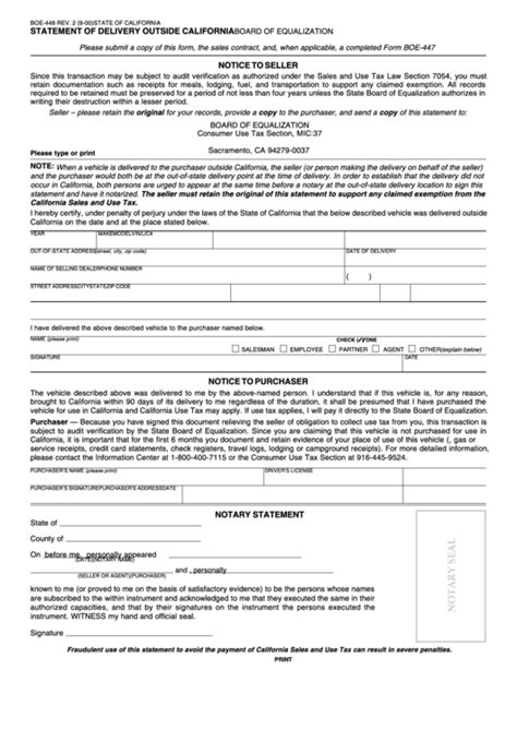 Fillable Form Boe 448 Statement Of Delivery Outside California