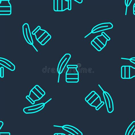 Green Line Feather And Inkwell Icon Isolated Seamless Pattern On Blue