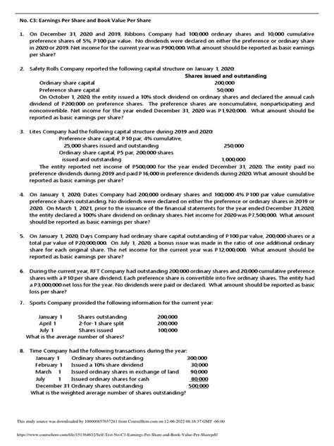 Self Test No C3 Earnings Per Share And Book Value Per Share Pdf