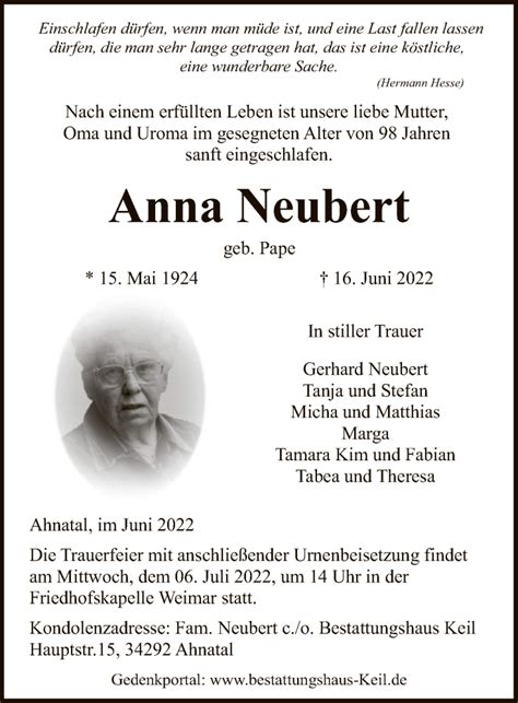Traueranzeigen Von Anna Neubert Trauerhnade