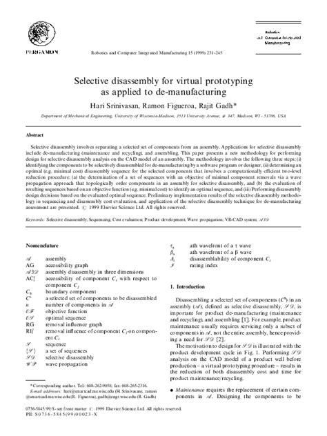 Pdf Selective Disassembly For Virtual Prototyping As Applied To De Manufacturing