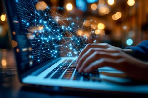 Hands Typing On Laptop With Glowing Digital Network Represent Data Flow