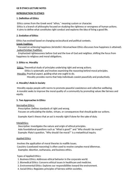 Ethics Lecture Notes Overview Pdf Morality