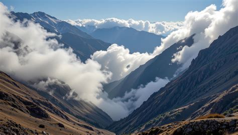 Low Hanging Clouds Drift Silently Through A Narrow Alpine Pass