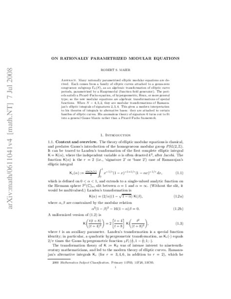 Pdf On Rationally Parametrized Modular Equations