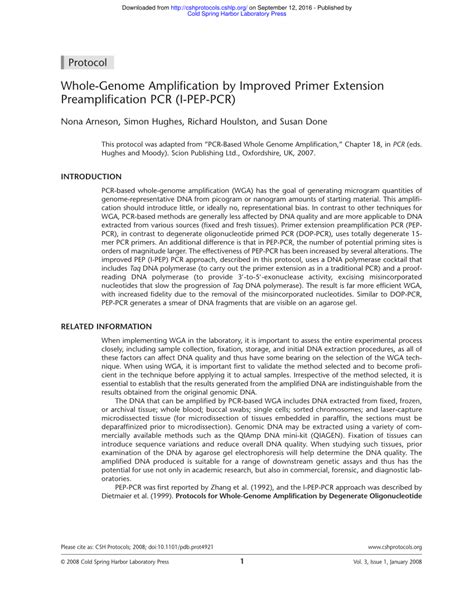 Pdf Whole Genome Amplification By Improved Primer Extension Preamplification Pcr I Pep Pcr