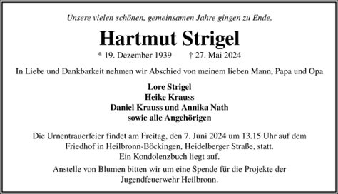 Traueranzeigen Von Hartmut Strigel Trauerundgedenken De