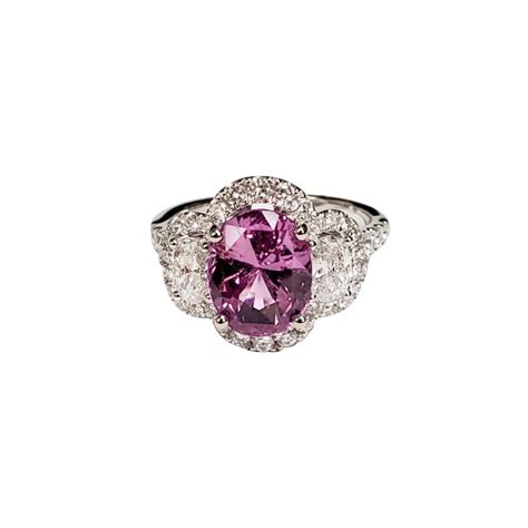 Oval Pink Sapphire Oval Diamond 3 Stone Platinum Ring 17492 For Sale