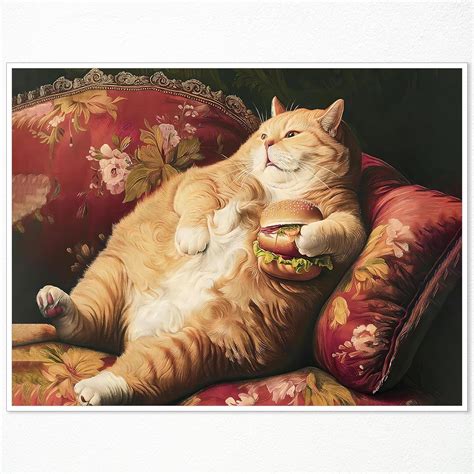 Neejaold Fat Cat With Hamburger Painting Vintage Lying In