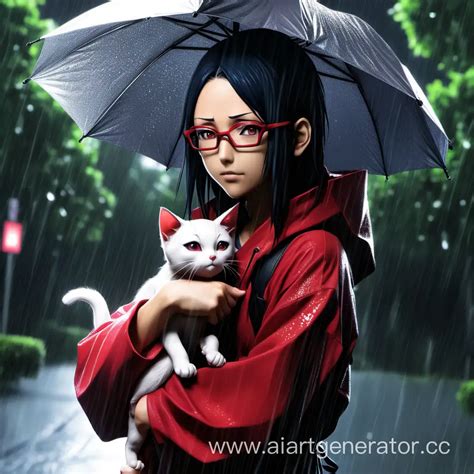 Sarada Uchiha Embracing The Rain With A Playful Kitten Ai Art Generator