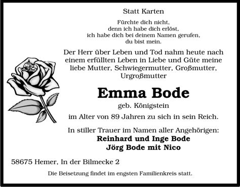 Traueranzeigen Von Emma Bode Trauer In Nrwde