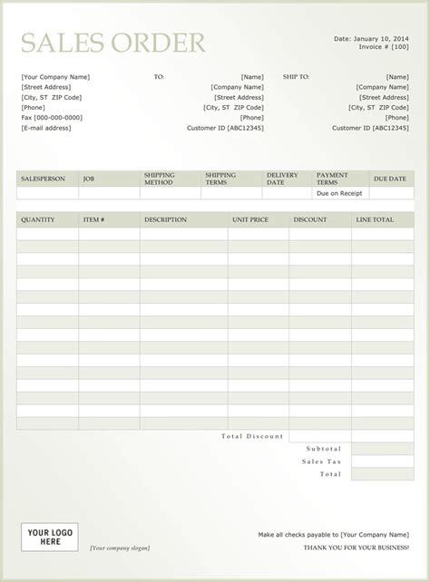 Sales Order Template Word