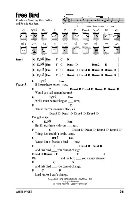 Free Bird By Lynyrd Skynyrd Sheet Music For Guitar Chordslyrics At