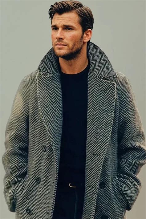 Mens Grey Herringbone Tweed Overcoat Double Breasted Wool Trench