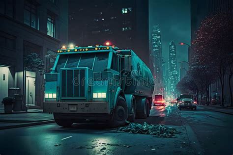 garbage truck in the night city neural network ai generated stock