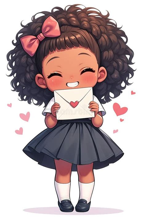 Cute Happy Smiling African American Anime Chibi School Girl With Curly