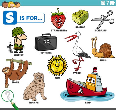 Letter S Words Educational Set With Cartoon Characters 7817506 Vector Art At Vecteezy