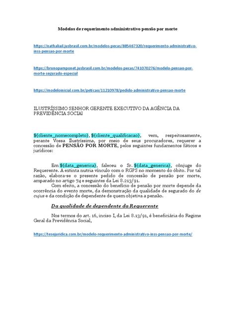 Modelos De Requerimento Administrativo Pensão Por Morte Pdf