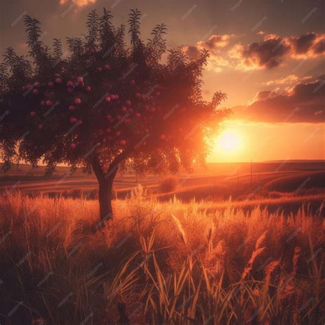 Premium Photo Sunset In The Field Tree On Sunset Background
