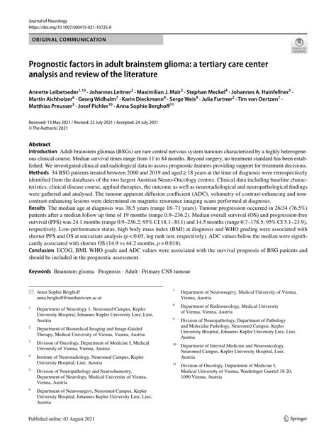 Pdf Prognostic Factors In Adult Brainstem Glioma A Tertiary Care