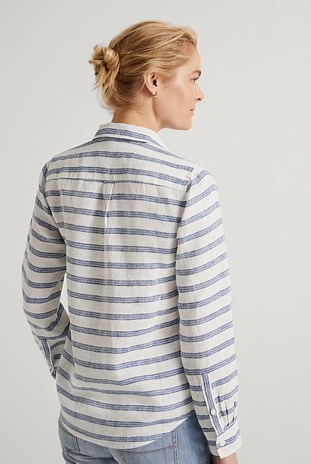 Chambray Blue Linen Yarn Dyed Stripe Shirt Women Shirts Trenery
