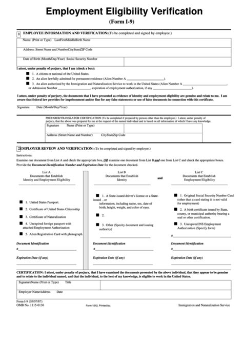 Form I 9 Employment Eligibility Verification Instructions Free