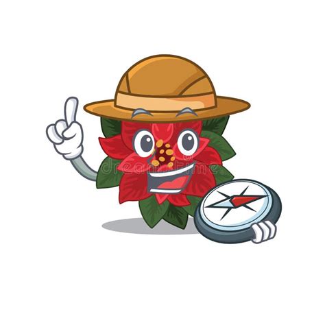 Explorer Flower Poinsettia Cartoon Character Holding A Compass Stock