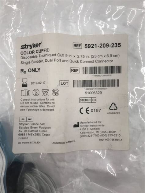 Stryker 5921 209 235 Color Cuff Disp Tourniquet Single Bladder Dual