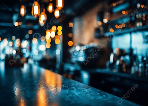 Blurry Night Bar Interior With Warm Lighting And Empty Countertop For
