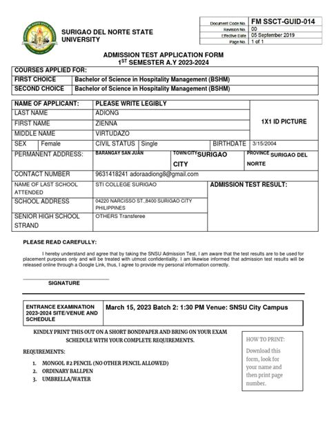 Surigao Del Norte State University Admission Test Application Form 1