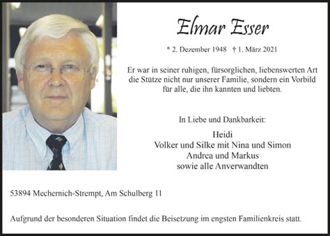 Traueranzeigen Von Elmar Esser Wirtrauern