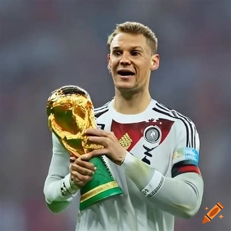 Manuel Neuer Holding The World Cup Trophy In Germany Kit On Craiyon