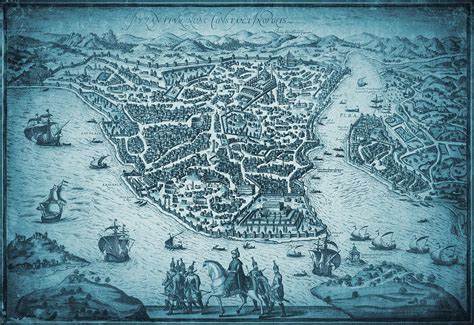 Constantinople Istanbul Turkey Antique Historical Map 1660 Blue