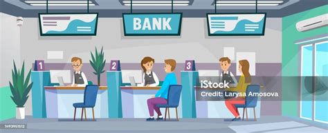 Ilustración De Diseño Interior De La Oficina Bancaria Con Clientes En