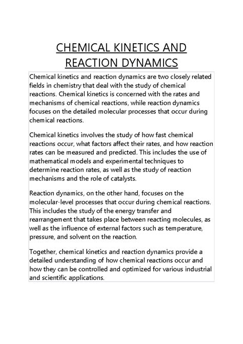 Chemical Kinetics And Reaction Dynamics Chemical Kinetics And Reaction Dynamics Chemical