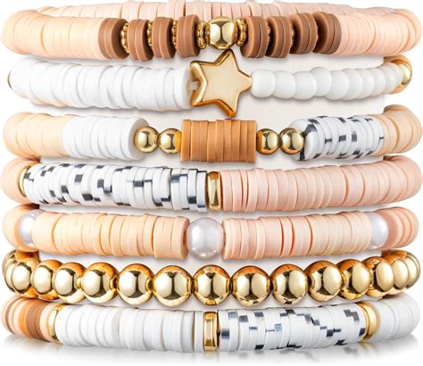 Y1tvei 7pcs Brown Surfer Heishi Clay Bead Bracelet Set Boho Stackable