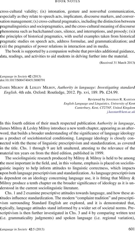 James Milroy And Lesley Milroy Authority In Language Investigating Standard English 4th Edn