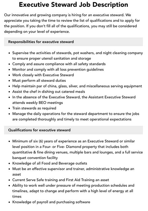 Executive Steward Job Description Velvet Jobs