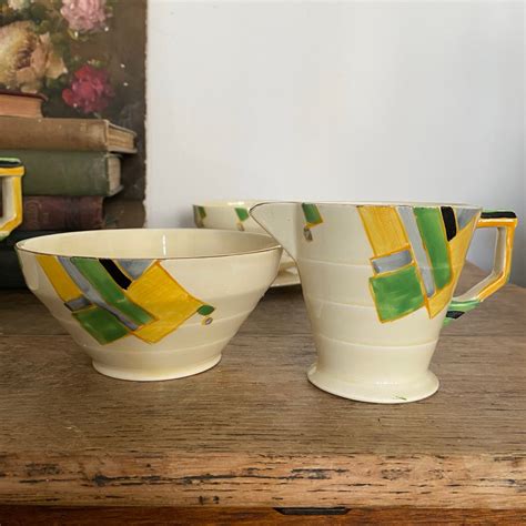 Art Deco Grindley The Dumas Tea Set Cream Green Black Yellow Etsy Uk
