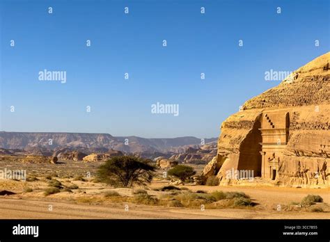 View Of The Temple Complexes Of Hegra And The Desert Saudi Arabia