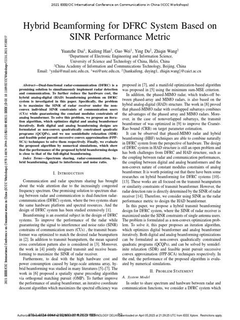 Hybrid Beamforming For Dfrc System Based On Sinr Performance Metric Pdf Mathematical