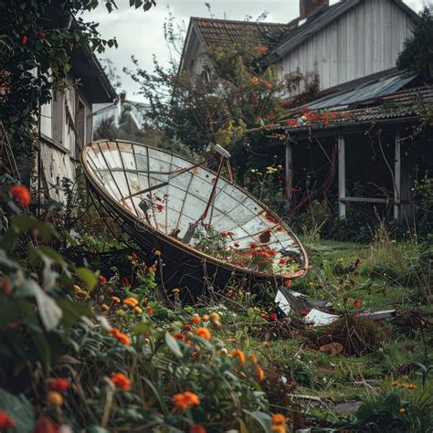 Abandoned Satellite Dish In Overgrown Garden Stock Illustration