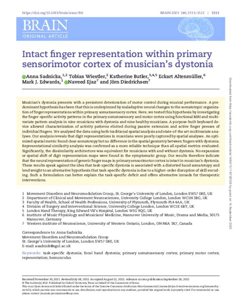 Pdf Intact Finger Representation Within Primary Sensorimotor Cortex Of Musician S Dystonia